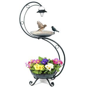 yanz bird baths for outdoors solar lamp, 35.5" height metal bird bath, weather resistant, vintage decorative birdbaths, flower planter pedestal, fountain decorations for garden yard lawn-bronz green