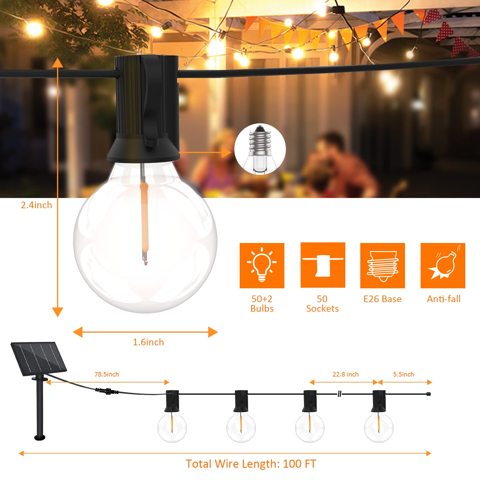 Bomcosy Solar Powered Outdoor String Lights with Remote, 100 ft Commercial Grade Waterproof G40 Patio Lights, Shatterproof LED Solar Christmas String Lights 2700K