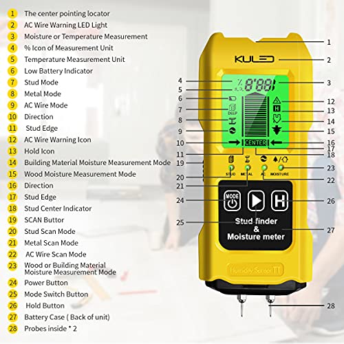 Stud Finder Wall Stud Detector 7 in 1 Electronic Wood Sensor Beam Finder Multifunctional Wall Scanner with Digital LCD Display & Sound Warning Moisture Meter Temperature Detection