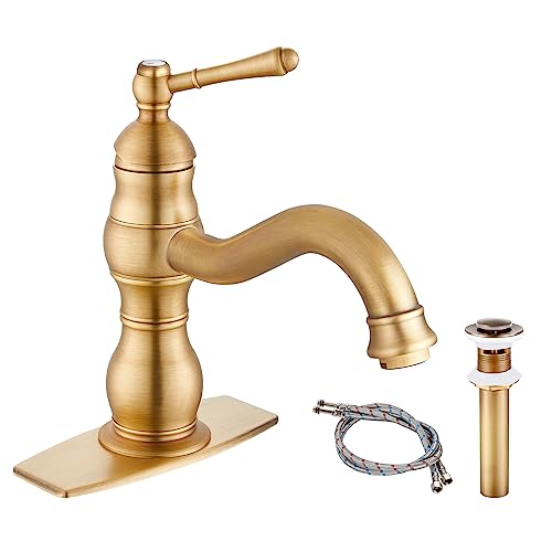 Heyalan Antique Brass Bathroom Sink Overflow Faucet Single Hole One Handle with Pop Up Drain Assembly Deck Mount Single Handle Bathroom Sink Faucet Vanity Mixer Tap Lavatory Included