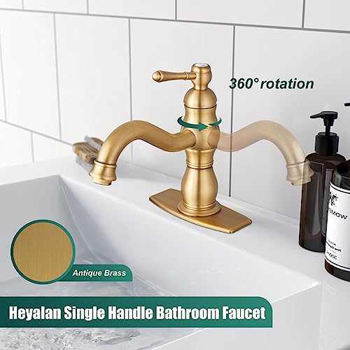 Heyalan Antique Brass Bathroom Sink Overflow Faucet Single Hole One Handle with Pop Up Drain Assembly Deck Mount Single Handle Bathroom Sink Faucet Vanity Mixer Tap Lavatory Included