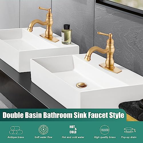 Heyalan Antique Brass Bathroom Sink Overflow Faucet Single Hole One Handle with Pop Up Drain Assembly Deck Mount Single Handle Bathroom Sink Faucet Vanity Mixer Tap Lavatory Included