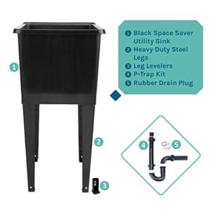 Black Space Saver Utility Sink by JS Jackson Supplies, Freestanding Tehila Space Saving Laundry Tub, Black Metal Legs with P-Trap Kit