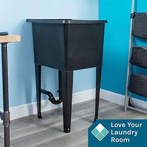 Black Space Saver Utility Sink by JS Jackson Supplies, Freestanding Tehila Space Saving Laundry Tub, Black Metal Legs with P-Trap Kit