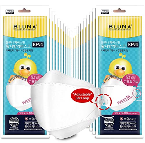 [20 Pack] :: Authentic :: BLUNA [WHITE] KF94 Facefit Ergonomic 3D Adjustable Strap Korean Face Mask [Small][Made in Korea][Individual Package] for Small Kids Children