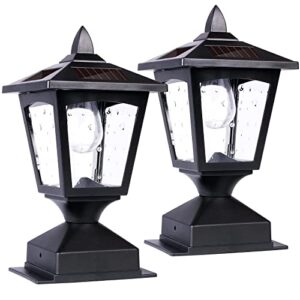 solar post lights outdoor, solar lamp post cap fence lights, waterproof for wood fence deck patio garden decorative, fit on 4x4 wood posts, 15 lumens, black (2 pack)