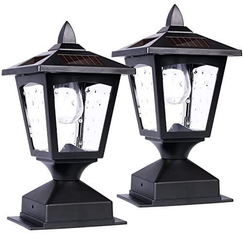 Solar Post Lights Outdoor, Solar Lamp Post Cap Fence Lights, Waterproof for Wood Fence Deck Patio Garden Decorative, Fit on 4x4 Wood Posts, 15 Lumens, Black (2 Pack)