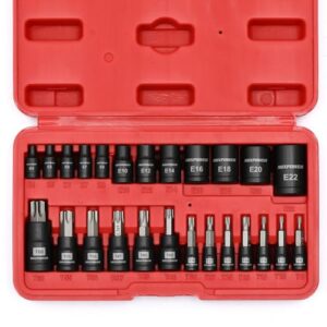 mixpower 25 piece torx bit and socket set, 13 star bits (t8- t60) & 12 e-torx sockets (e4-e22), professional grade auto & motorcycle mechanic set