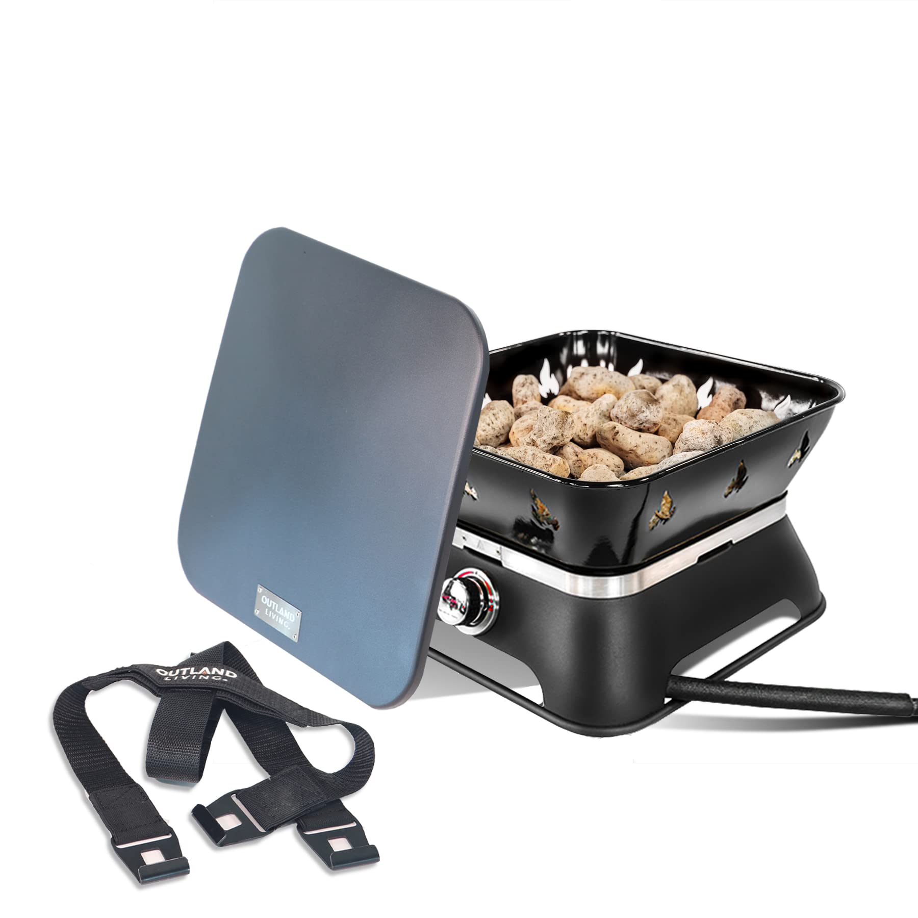 Outland Living Firecube 805 Portable 14-Inch Square Propane Gas Fire Pit for Camping with Cover, Carry Kit and Lava Rock Stones, 58,000 BTU, Black