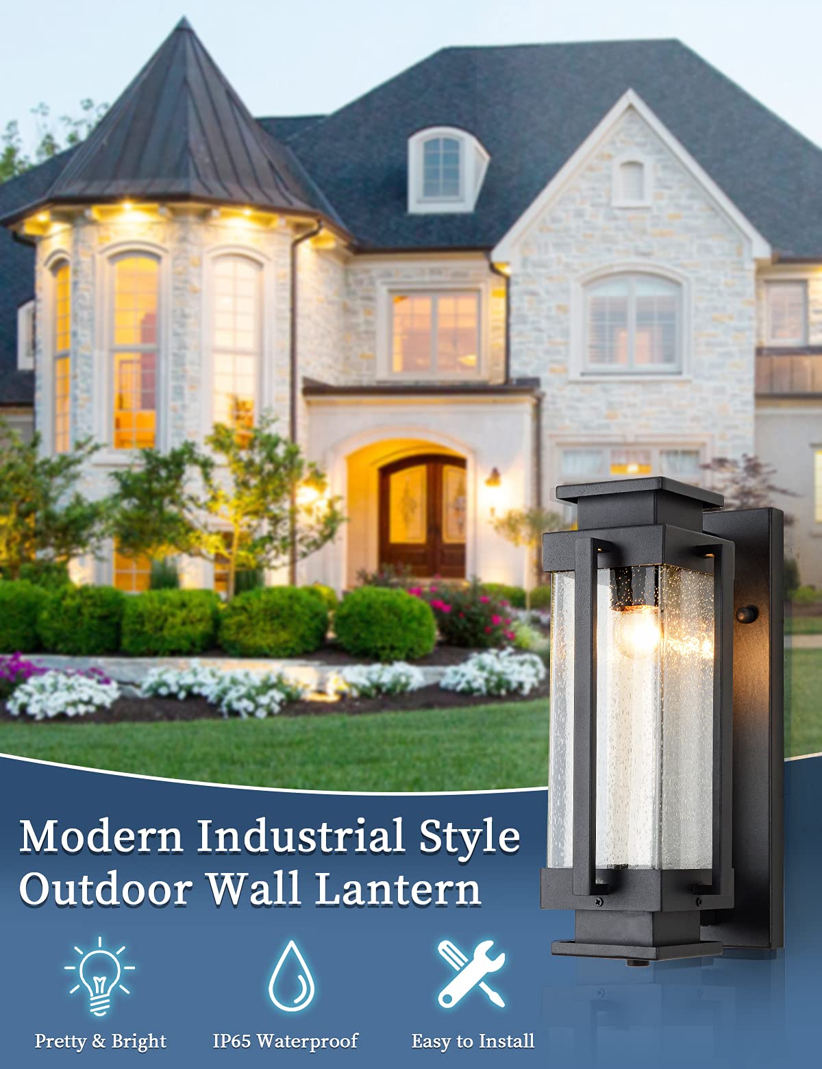 EERU Dusk to Dawn Outdoor Wall Lanterns Large Exterior Porch Lights Wall Mount IP65 Waterproof Outdoor Sconces with Seeded Glass Outside Wall Lamp for House Garage Front Porch Patio