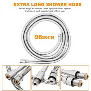 Metal Shower Hose Replacement，96 inch Extra Long Chrome Handheld Shower Head Hose - Lightweight And Flexible