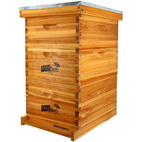 10-Frame Langstroth Beehive Dipped in 100% Beeswax, Complete Bee Hives and Supplies Starter Kit Includes 2 Deep Hive Bee Box and 1 Bee Hive Super with Beehive Frames and Foundation