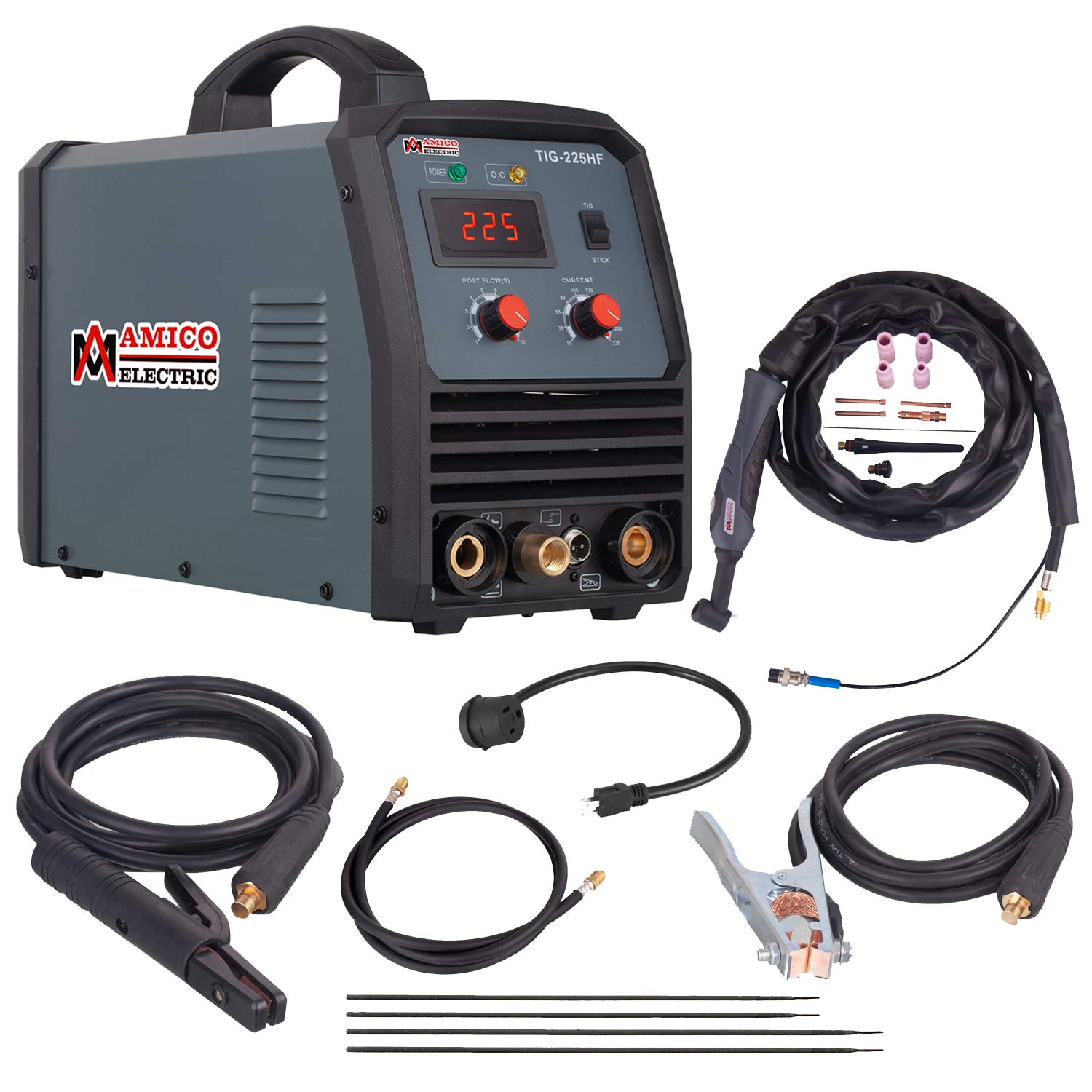 AmicoPower Amico TIG-225HF, 225-Amp HF-TIG Arc Stick Combo Welder, 100 Start, 80 Duty Cycle, 100-250V Wide Voltage Welding, Full Size, Grey