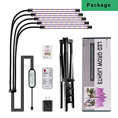 Aogled Grow Light with Stand,50W 5 Head LED Full Spectrum Indoor Plant Lamp with Remote Control,Adjustable Gooseneck,4/8/12H Timer and 10 Dimmable Brightness for Seed Starting Succulents Vegetables