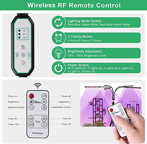 Aogled Grow Light with Stand,50W 5 Head LED Full Spectrum Indoor Plant Lamp with Remote Control,Adjustable Gooseneck,4/8/12H Timer and 10 Dimmable Brightness for Seed Starting Succulents Vegetables