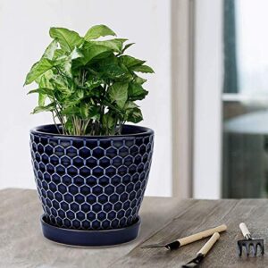 Docrin Indoor Plant Pots- 6.6 and 5.5 Inch,Ceramic Pots for Plants with Drainage Holes and Saucer for Succulent, Flower and Plant, Gardening Decoration Gift,Indoor ，Set of 2, Blue，Honeycomb