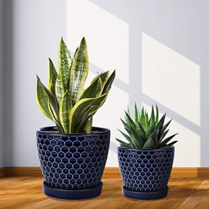 Docrin Indoor Plant Pots- 6.6 and 5.5 Inch,Ceramic Pots for Plants with Drainage Holes and Saucer for Succulent, Flower and Plant, Gardening Decoration Gift,Indoor ，Set of 2, Blue，Honeycomb