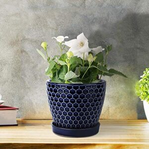 Docrin Indoor Plant Pots- 6.6 and 5.5 Inch,Ceramic Pots for Plants with Drainage Holes and Saucer for Succulent, Flower and Plant, Gardening Decoration Gift,Indoor ，Set of 2, Blue，Honeycomb