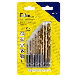 cuttex tools titanium hex shank drill bit set, 9 pcs 116 inch to 38 inch premium 4241 hss titanium impact hex drill bits hex shank + quick change, 2x life material (100909)