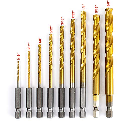 CUTTEX TOOLS Titanium Hex Shank Drill Bit Set, 9 Pcs 116 inch to 38 inch Premium 4241 HSS Titanium Impact Hex Drill Bits HEX Shank + Quick Change, 2X Life Material (100909)