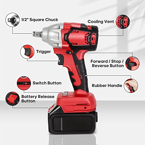 GYZJ Cordless 𝐈𝐦𝐩𝐚𝐜𝐭 Wrench 𝟏/𝟐" Brushless High Torque Wrenches 210 ft-lbs (280N.m) Right Angle Detent Anvil Impact Drive Set Kit 𝟐 Battery 𝟏𝟖𝐕 Chuck/Drill/Sockets/Tool Box/Fast Charger