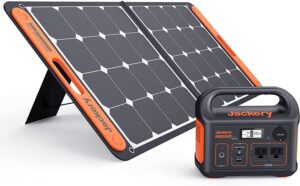 explore 300 portable power station + 1xsolarsaga 100w： jackery portable solar generator for outdoor adventure car camping