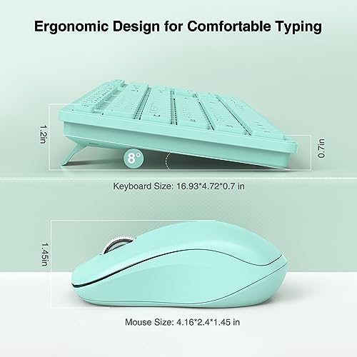 WisFox 2.4GHz Full-Size Silent Keyboard with Numeric Keypad, Long Battery Life, Lag-Free, Slim USB Cordless and Mouse for PC Laptop Windows (Mint Green)