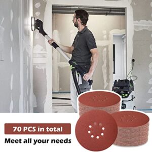 70 PCS 9 Inch Sanding Disc Hoop and Loop Sanding Disc Self Stick 8 Hole Sandpaper Discs Assorted 60/80/120/150/180/240 Grit for Drywall Sander