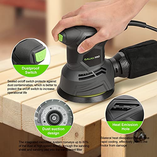 GALAX PRO 2.0Amp Electric Random Orbital Sander,6000-12000 RPM 6 Variable Speeds Sander Machine with 20PCS Different Sizes of Sandpapers, Dust Collection Bag for Woodworking, Sanding, Polishing