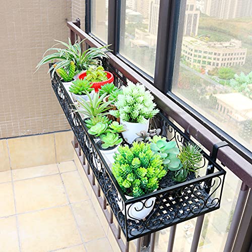 Mairuker Balcony Railing Shelf Flower Pot Stand Rack, 23.5 Inches Iron Hanging Flower Rack Basket Shelf with Hooks for Outdoor Garden Balcony Fence Patio (Black)