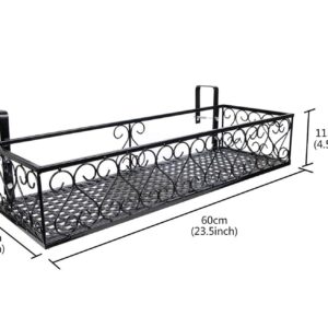 Mairuker Balcony Railing Shelf Flower Pot Stand Rack, 23.5 Inches Iron Hanging Flower Rack Basket Shelf with Hooks for Outdoor Garden Balcony Fence Patio (Black)