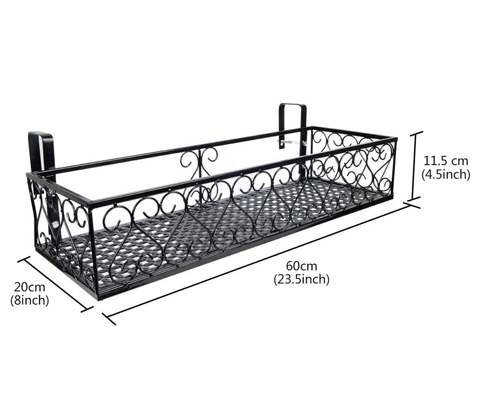 Mairuker Balcony Railing Shelf Flower Pot Stand Rack, 23.5 Inches Iron Hanging Flower Rack Basket Shelf with Hooks for Outdoor Garden Balcony Fence Patio (Black)