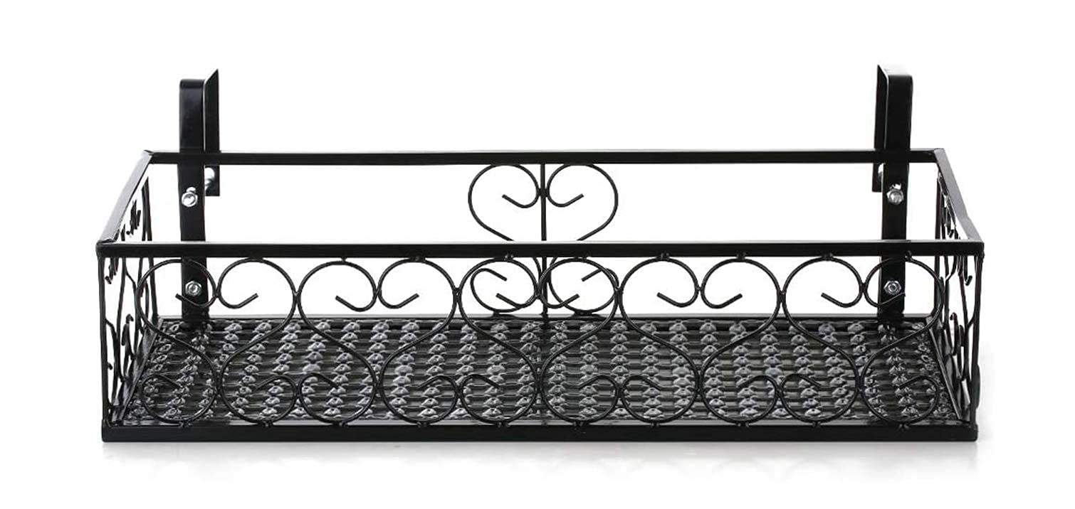 Mairuker Balcony Railing Shelf Flower Pot Stand Rack, 23.5 Inches Iron Hanging Flower Rack Basket Shelf with Hooks for Outdoor Garden Balcony Fence Patio (Black)