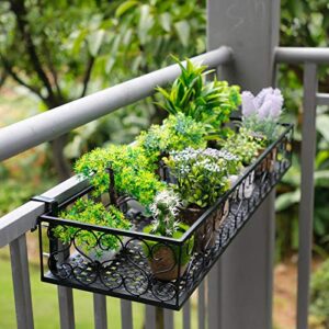 Mairuker Balcony Railing Shelf Flower Pot Stand Rack, 23.5 Inches Iron Hanging Flower Rack Basket Shelf with Hooks for Outdoor Garden Balcony Fence Patio (Black)