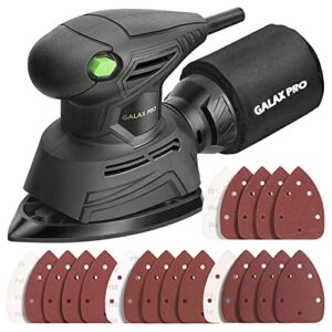 galax pro detail sander, 1.1a powerful motor, 14000 opm compact electric sander with 16pcs sandpapers and dust bag, soft grip handle for comfortable woodworking