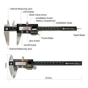 KETOTEK Digital Caliper Measuring Tool, IP54 Waterproof Stainless Steel Electronic Vernier Caliper 6 Inch/150mm Digital Micrometer with Large LCD Screen