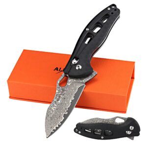 albatross cool flipper axis lock opening folding pocket knife with 3" modern damascus steel blade and 4.25" high strength frn handle, deep carry pocket clip - gifts box fk036da-bk