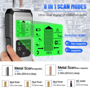 Stud Finder Wall Scanner Detector - Upgraded 6 in 1 Electronic Sensor Wood Wall Detector Beam Finder for Drywall Joist Pipe Live AC Wires Metal with Magnetic/Non-Magnetic, LCD Display & Sound Warning