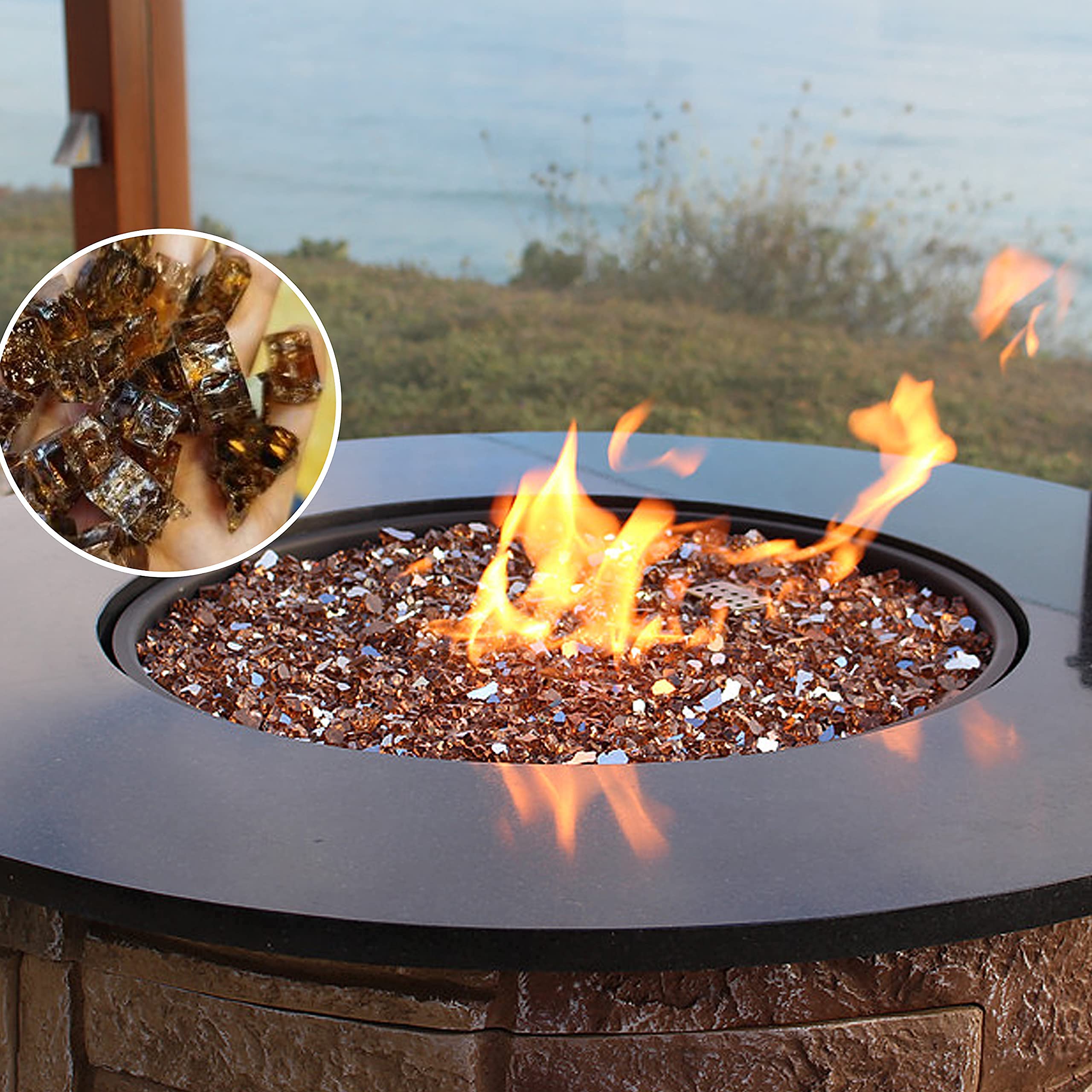 Z Zennister Fire Pit Glass Rocks,  High Luster, 1/2" Reflective Tempered Fire Glass in Copper, 10 Pound Jar  for Natural or Propane Fireplace, Crushed Glass Stones for Firepit, Garden or Patio