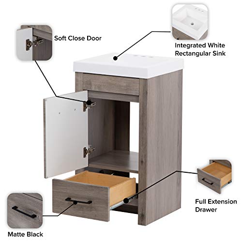 Spring Mill Cabinets Nixie Freestanding Bathroom Vanity with 1-Door Cabinet, Drawer, Sink Top, 18.5" W x 16.75" D x 34.38" H, White Washed Oak