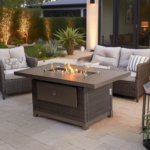 Kinger Home Novi Rattan 52-Inch Outdoor Patio Propane Gas Fire Pit Table, CSA Certified 50,000 BTU Firepit, Brown Aluminum Frame