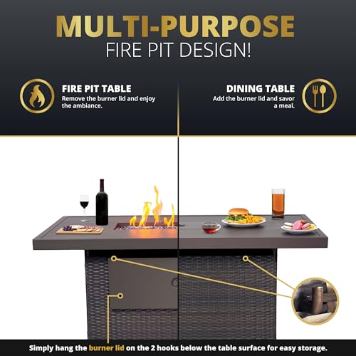 Kinger Home Novi Rattan 52-Inch Outdoor Patio Propane Gas Fire Pit Table, CSA Certified 50,000 BTU Firepit, Brown Aluminum Frame