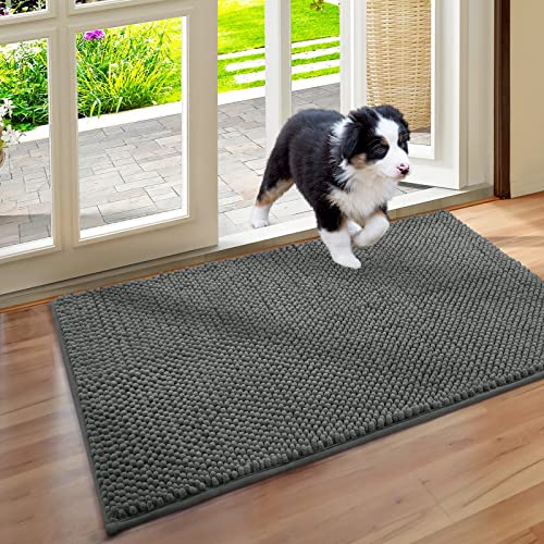 HOMEIDEAS Absorbent Chenille Door Mat Indoor, Low-Profile Rubber Backing Rug for Entryway, Muddy Dog Paws Washable Welcome Front Doormats (24"x36", Grey)