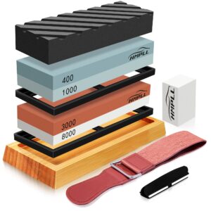 knife sharpening stone set, hmpll whetstone knife sharpener stone set 4 side grit 400/1000 3000/8000, professional include non-slip bamboo base, leather strop, flattening stone & angle guide