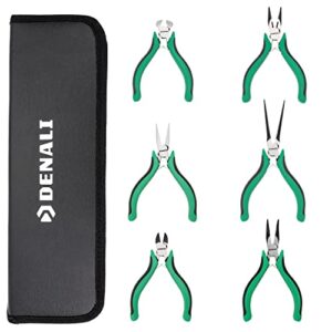 amazon brand - denali 6-piece mini pliers set with comfort grip and organizer leather storage bag