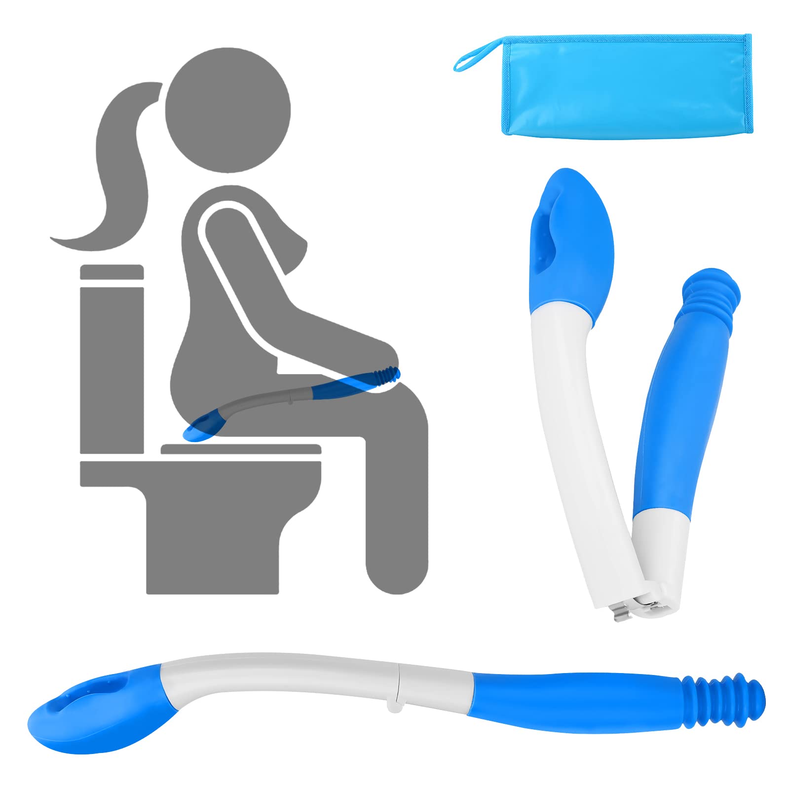 Foldable Toilet Aids for Wiping, Jhua 15.7" Long Reach Comfort Butt Wiper with PV Carrying Bag, Bottom Buddy Wiping Aid Tools, Toilet Paper Aids Tools Tissue Grip Self Wipe Assist Holder, Blue