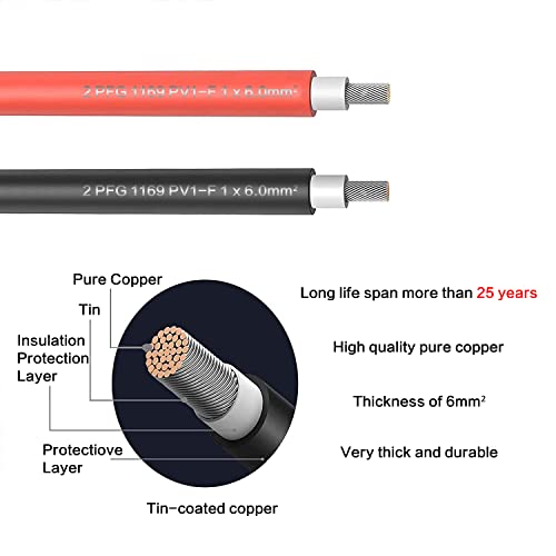 jamgoer 20FT 10AWG Solar Panel Extension Cable with Male and Female Connectors with Extra Free Connectors and Solar Connector Pins for Solar Panel (6M Red +6M Black)