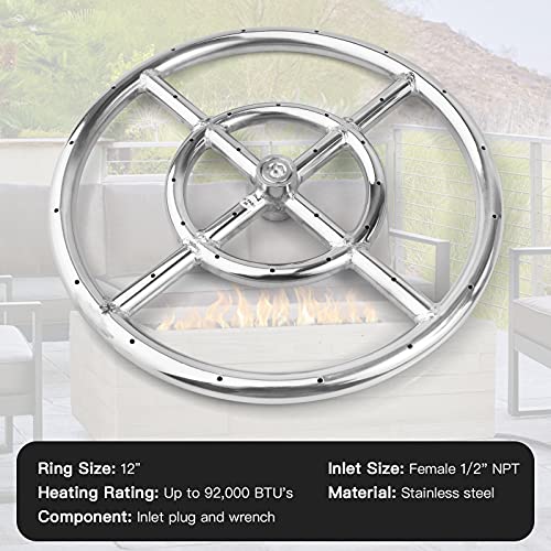 EXCELFU LP Propane Gas Fire Pit Stainless Steel Burner Ring Installation Kit, 12 inch