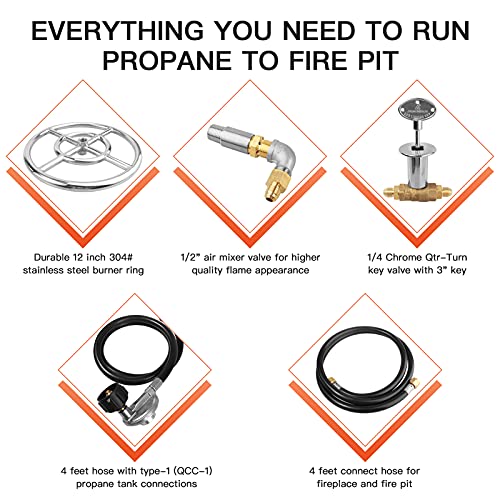 EXCELFU LP Propane Gas Fire Pit Stainless Steel Burner Ring Installation Kit, 12 inch