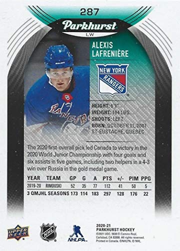 New York Rangers 2020 2021 Upper Deck Factory Sealed 10 Card Team Set Featuring Alexis Lafreniere Rookie Card #287, the #1 Overall Draft Pick